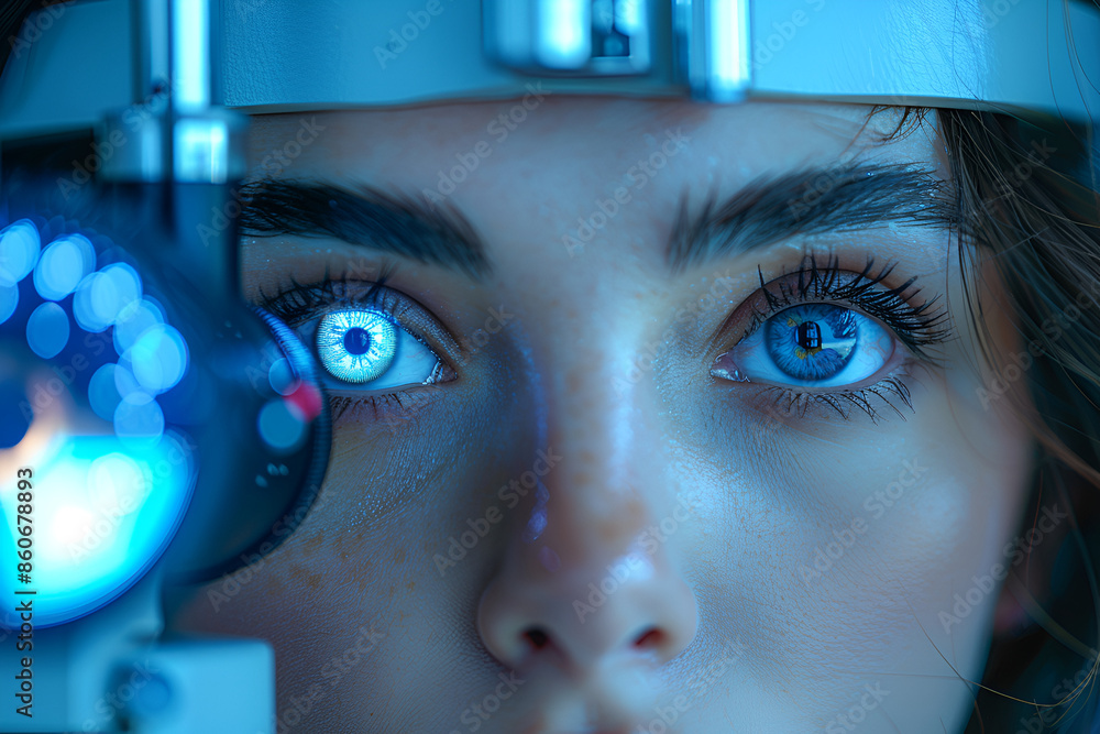 Woman, optometry and slit lamp for vision, test and care in wellness ...