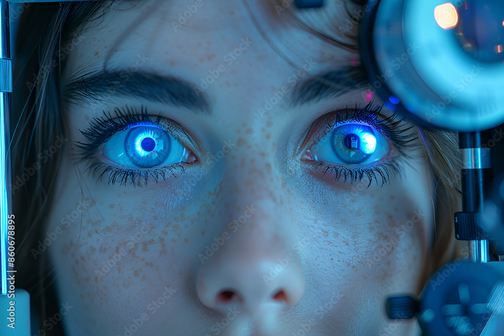 Woman, optometry and slit lamp for vision, test and care in wellness ...