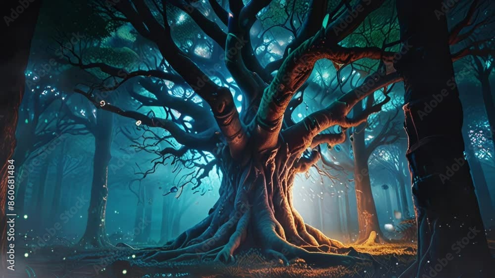 Banyan tree in a forest full of mystery, In a smooth looping background ...