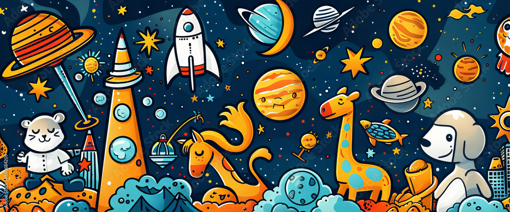 Astronaut animals in space. Funny cartoon illustration for kids. Stock ...