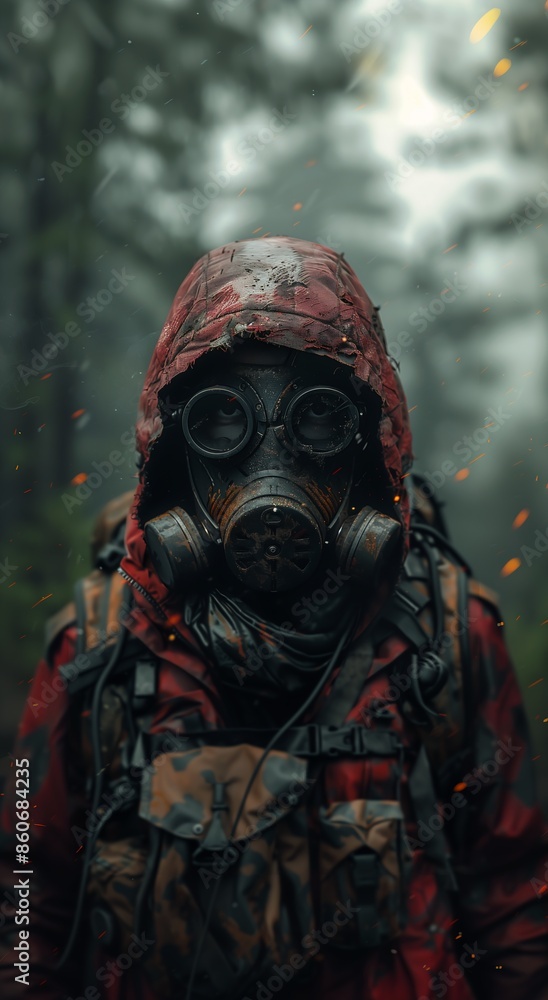 man gas mask red jacket woods arcane apocalyptic environment full body ...