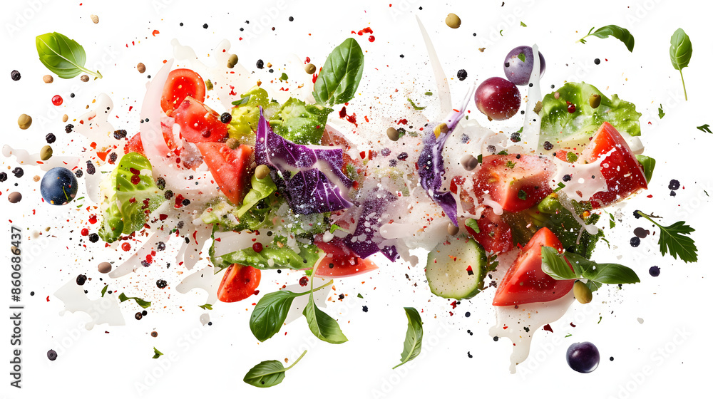 Exploding salad. photorealism and 3d shading to create a busy action ...