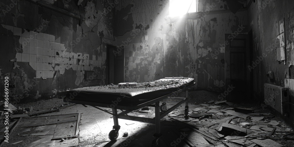 A black and white photo of a hospital room interior with medical ...