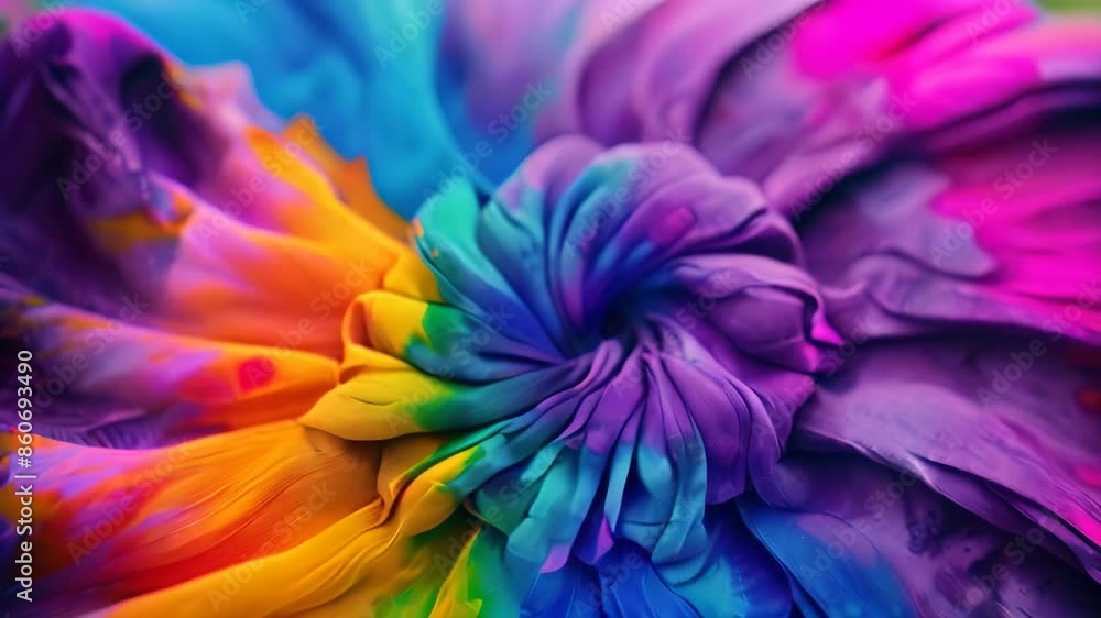 Close up view of a colorful tie dye flower design with bold and ...