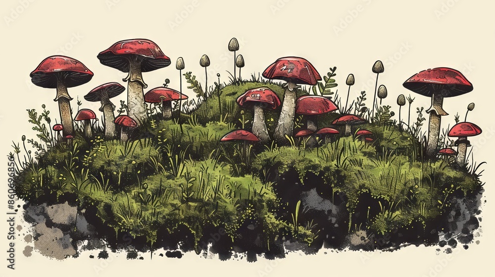 Red and white toadstools of various sizes grow in a dense cluster on a ...