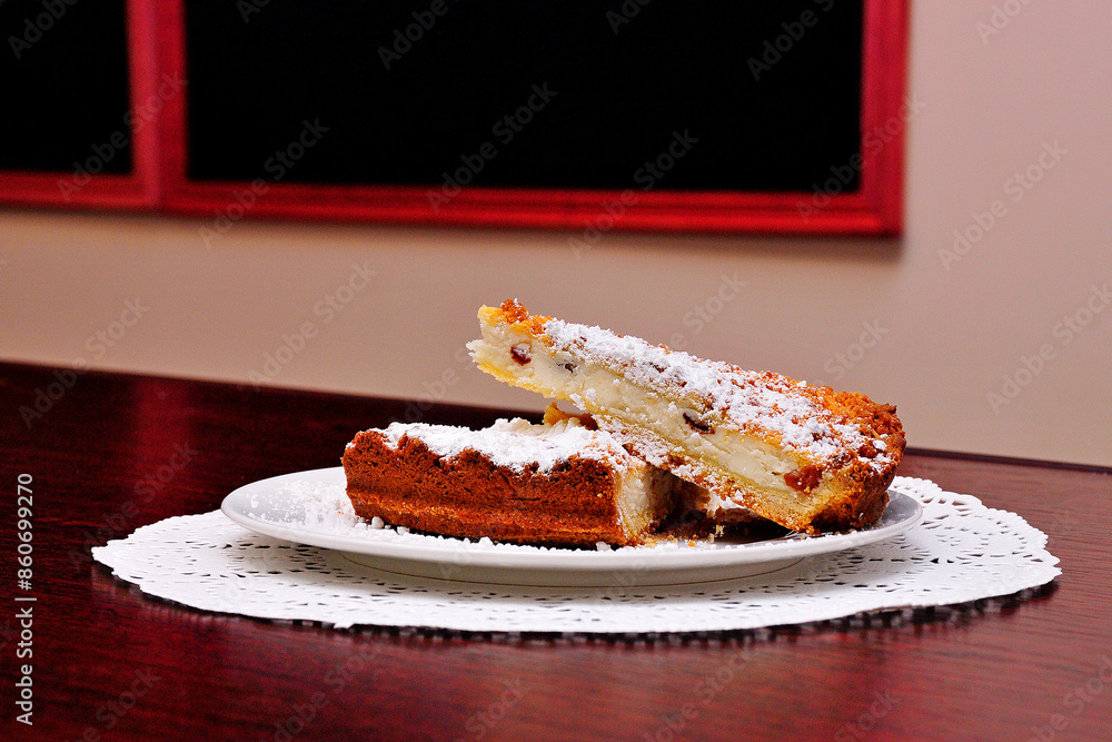 Sweet pie slices in cake cafe on blackboard menu background. Pastry ...