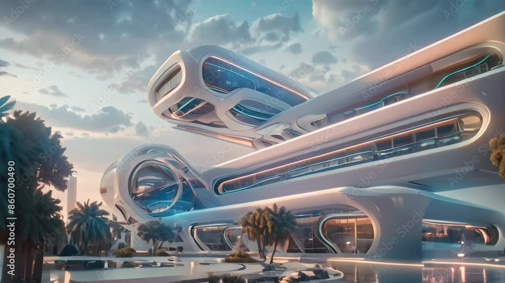 A futuristic school building standing tall with a multitude of trees ...