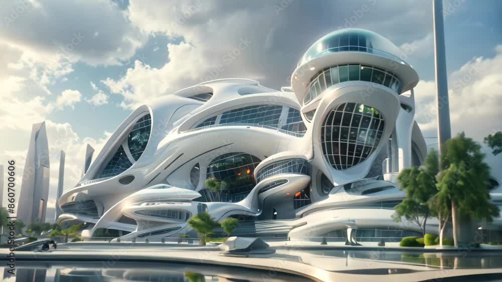 A futuristic school building with a fountain in front of it, under clear skies, Create a ...