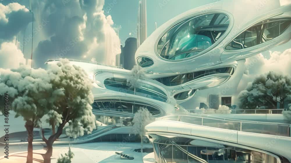 A modern futuristic school building stands tall against a clear sky ...