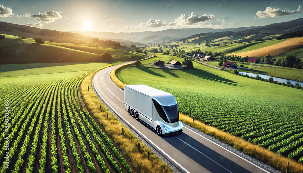 autonomous delivery truck driving through a scenic countryside ...