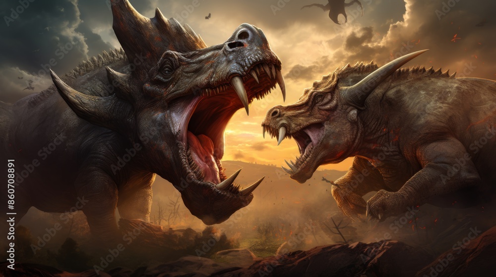 Two large, horned dinosaurs clash in a fierce battle amidst a dramatic ...
