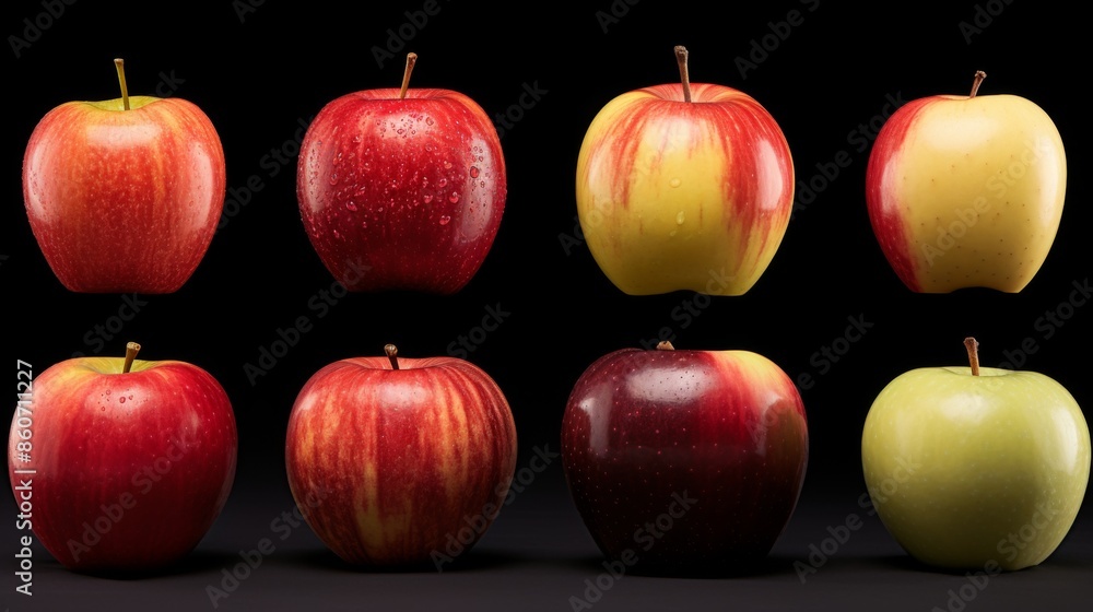 High-resolution image showing eight distinct varieties of apples ...