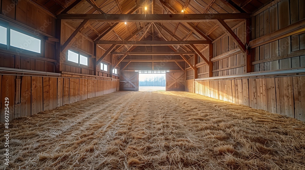 Old empty barn interior with with hay on the floor, sunlight shining ...