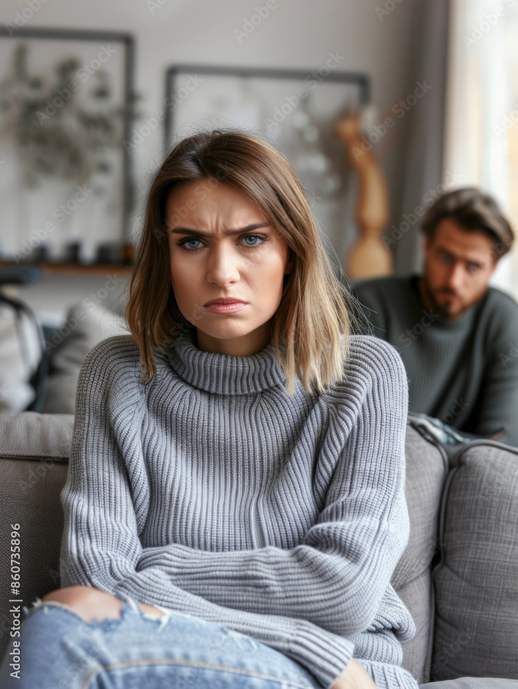 Unhappy couple and sad woman upset after quarrel getting angry at her ...