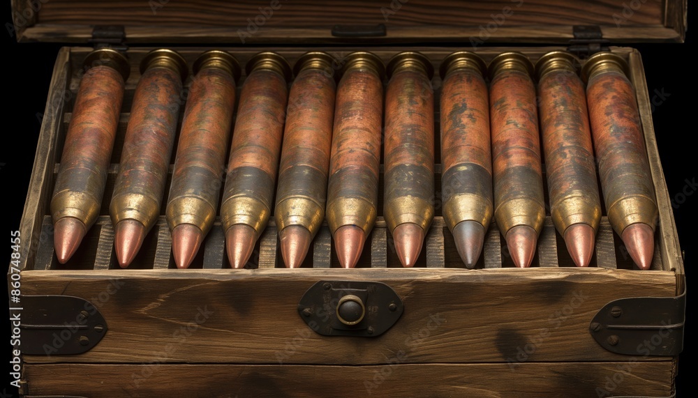 This photograph displays a series of bulky bullets meticulously stored ...