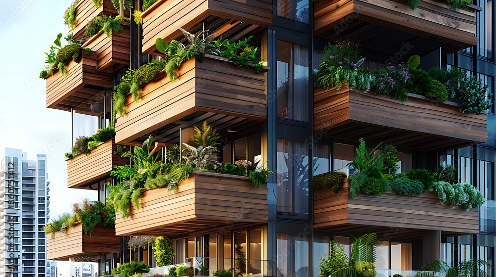 urban high-rise with balconies that feature wooden planters, creating a ...