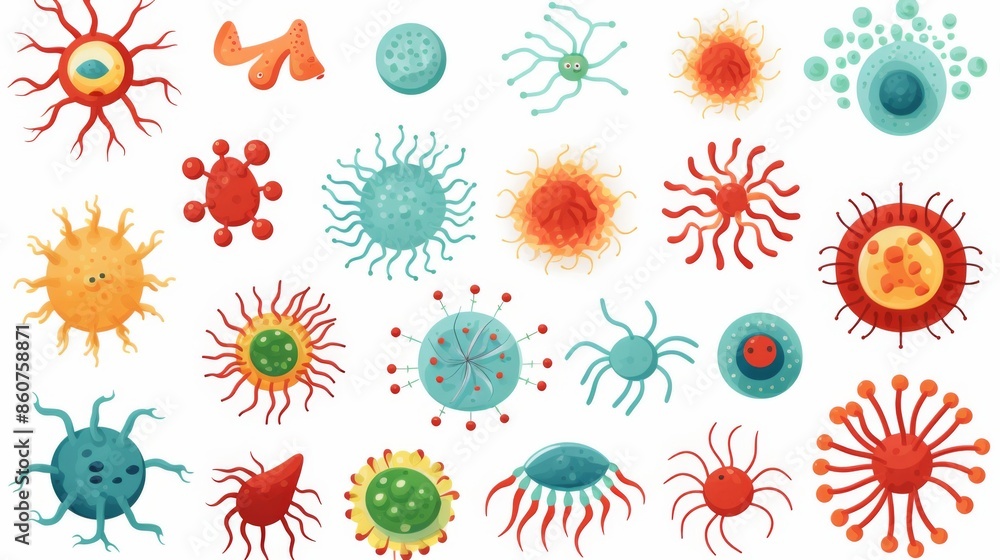 Illustration of colorful microorganisms depicted in different shapes ...