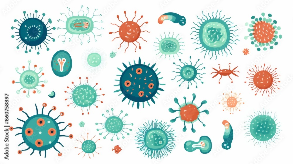 Illustration depicting diverse microorganisms in green and orange hues ...
