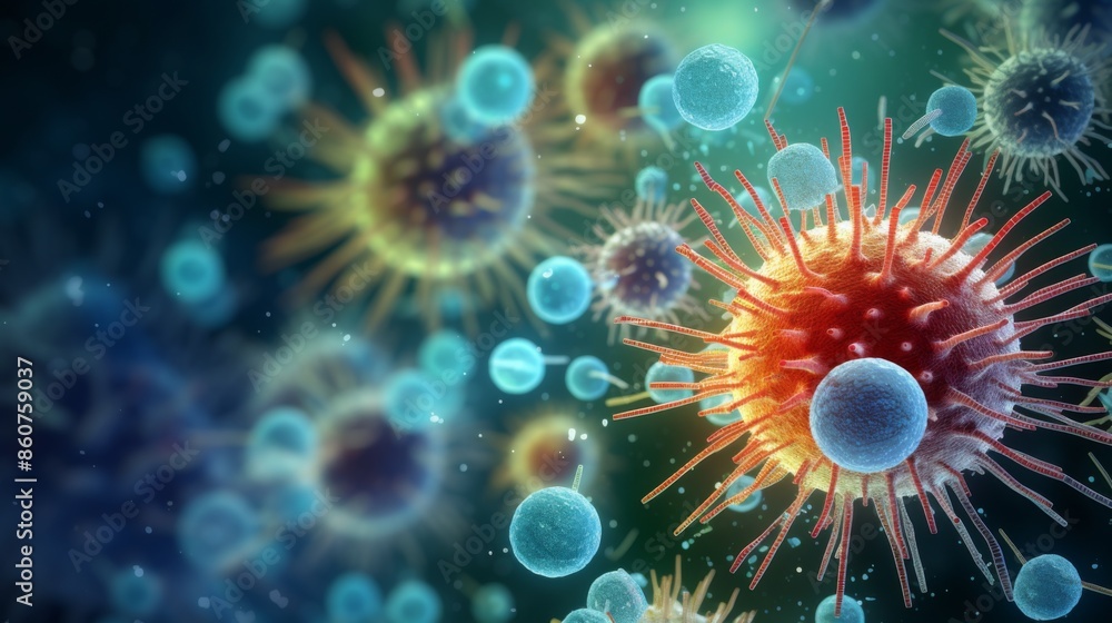 A detailed close-up illustration of multiple viruses with red spikes ...