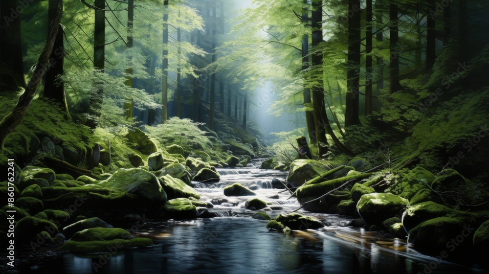 A vibrant scene of a forest stream, bathed in sunlight as it flows ...