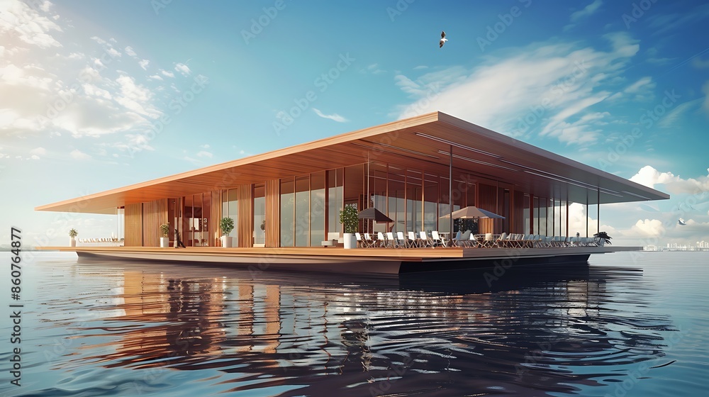floating conference center with wooden cladding and expansive terraces ...
