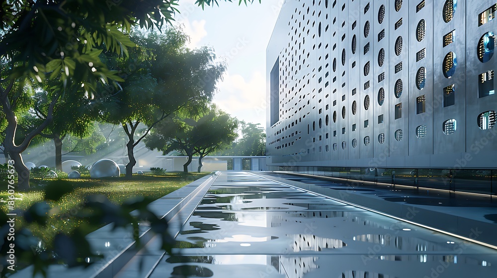 futuristic data hub with a fa? section ade made from heat-dissipating ...