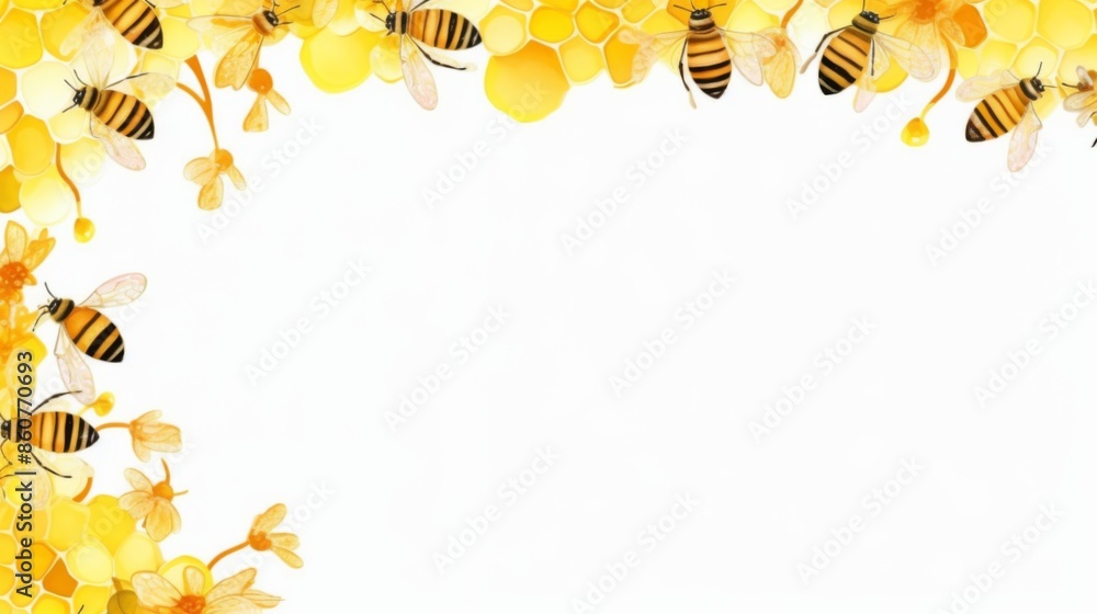 Bees and honeycomb forming a decorative border on a light background ...