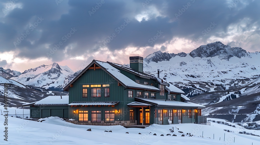 alpine ski lodge with dark green James Hardie Siding Stock Photo ...