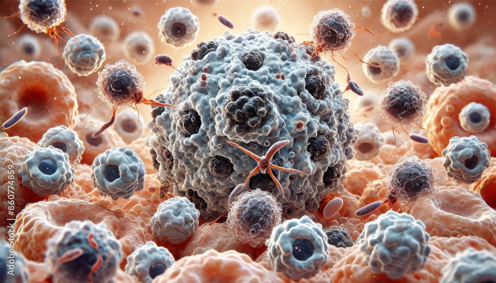 Highly detailed 3D illustration of a cellular environment showing a ...