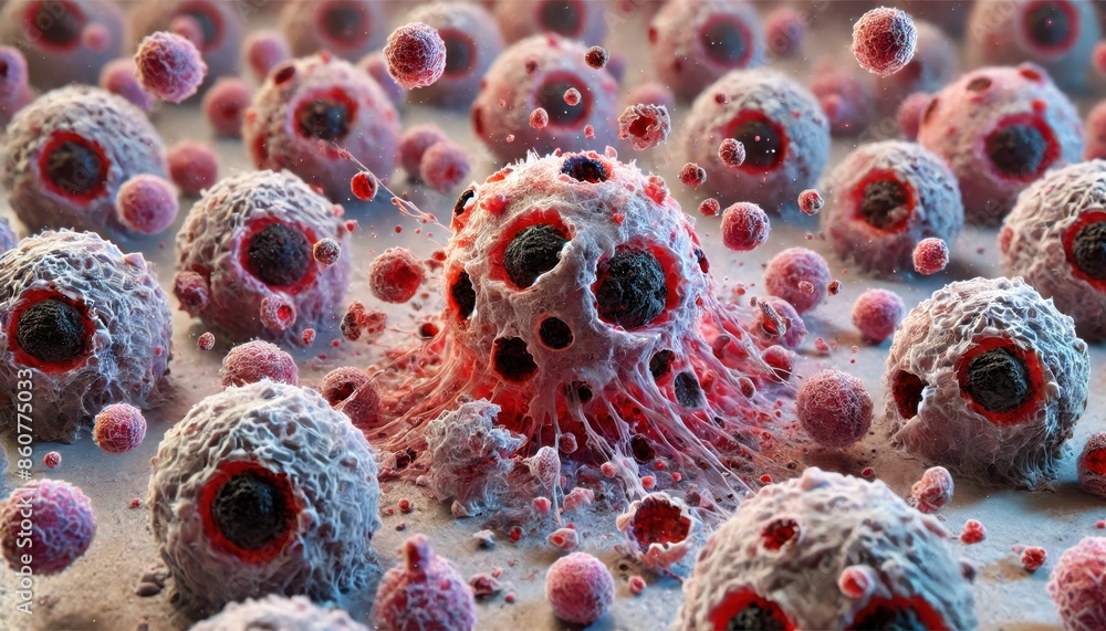 Highly detailed microscopic image showcasing cancer cells with detailed ...