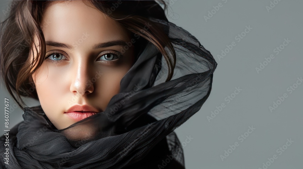 Woman model face in black shawl style with blue eyes beautiful. AI generated Stock Photo | Adobe ...