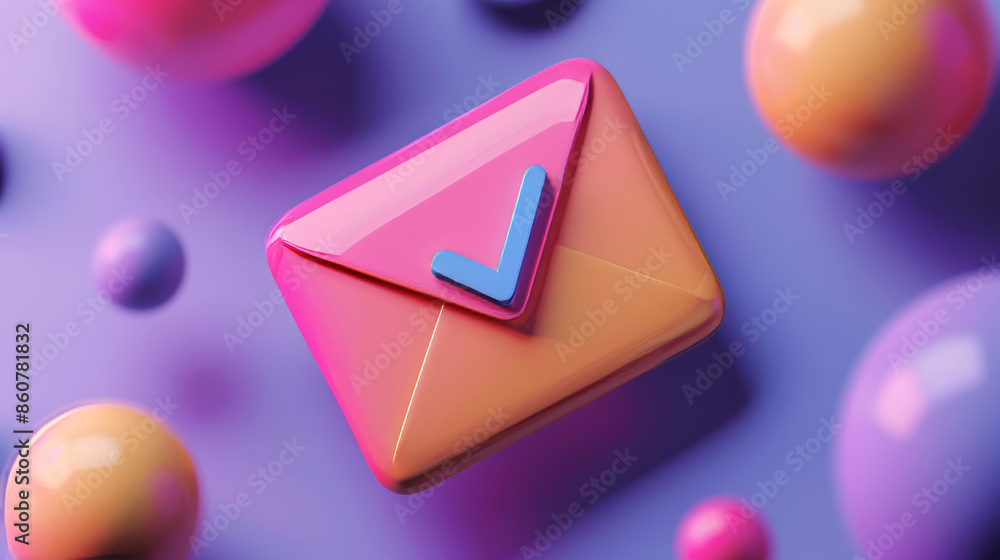 Mail icon 3D style with letter in envelope and a tick symbol. The ...