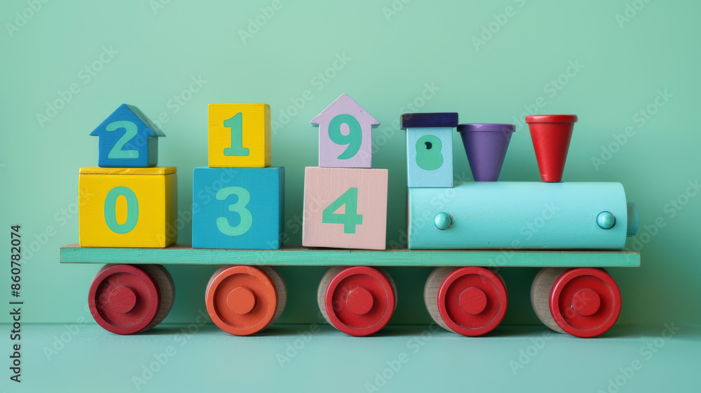 Colorful educational wooden toy train carrying blocks with numbers and ...