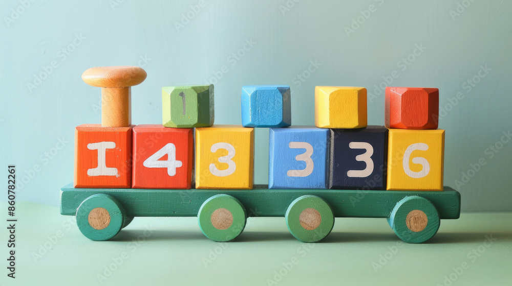 Colorful educational wooden toy train carrying blocks with numbers and ...