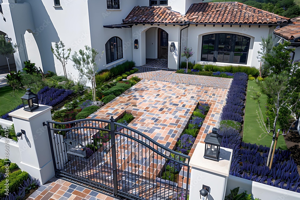 A top view of the entrance gate to an outdoor home with grey brick ...