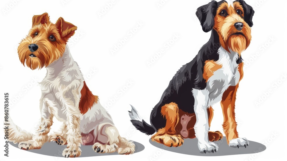 Colorful illustration of two dogs sitting together on a plain white ...