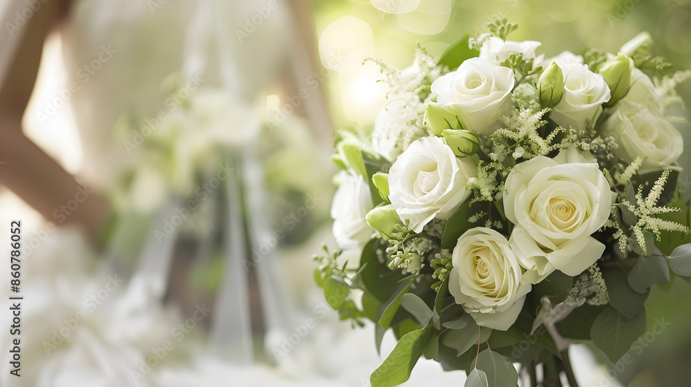 This image beautifully captures a bridal bouquet in sharp focus composed of pristine white roses ...