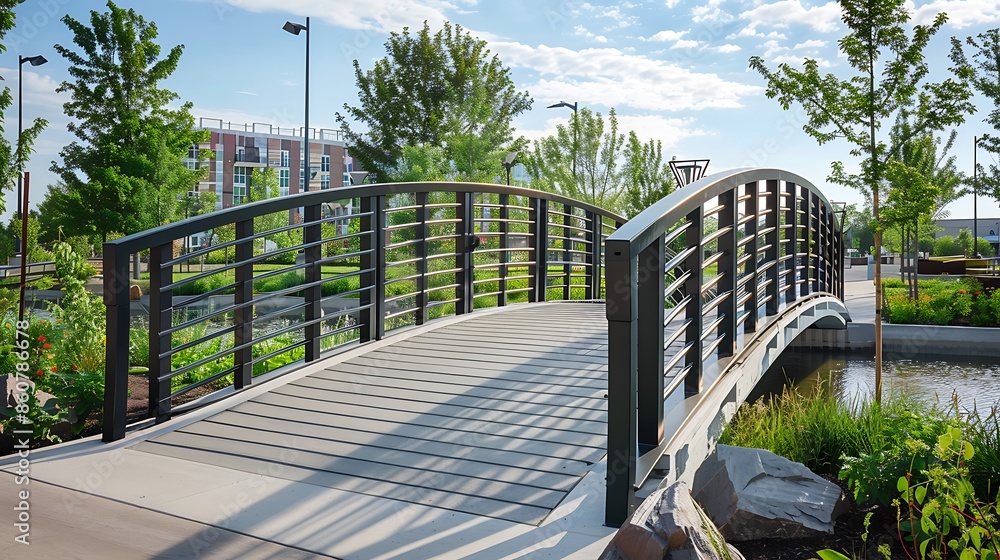 series of pedestrian bridges in a city park, each featuring weather ...