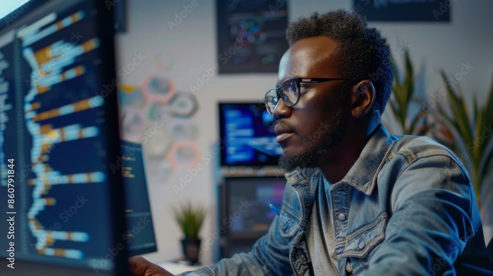 A programmer with a beard works late into the night at a modern office ...