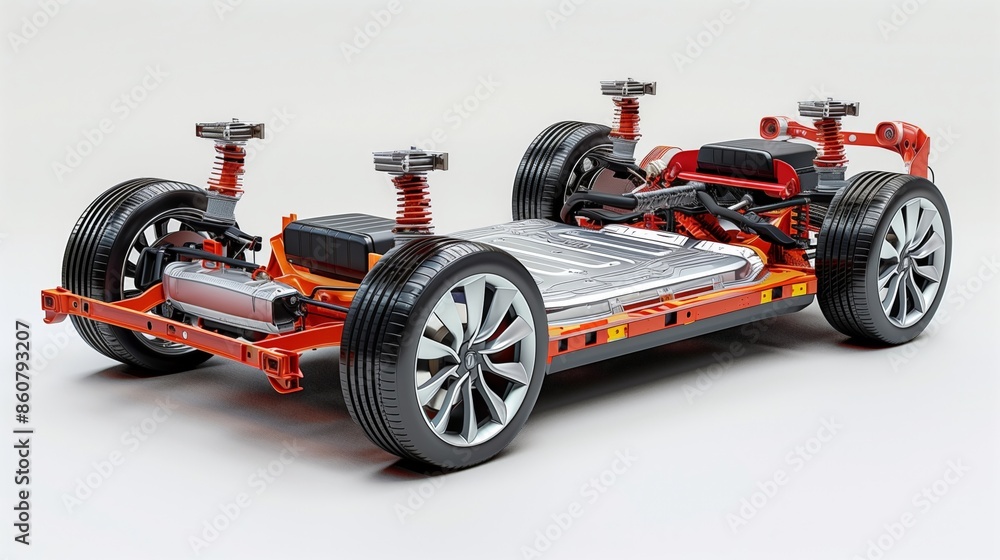 Detailed view of an electric car chassis featuring battery pack, motors ...