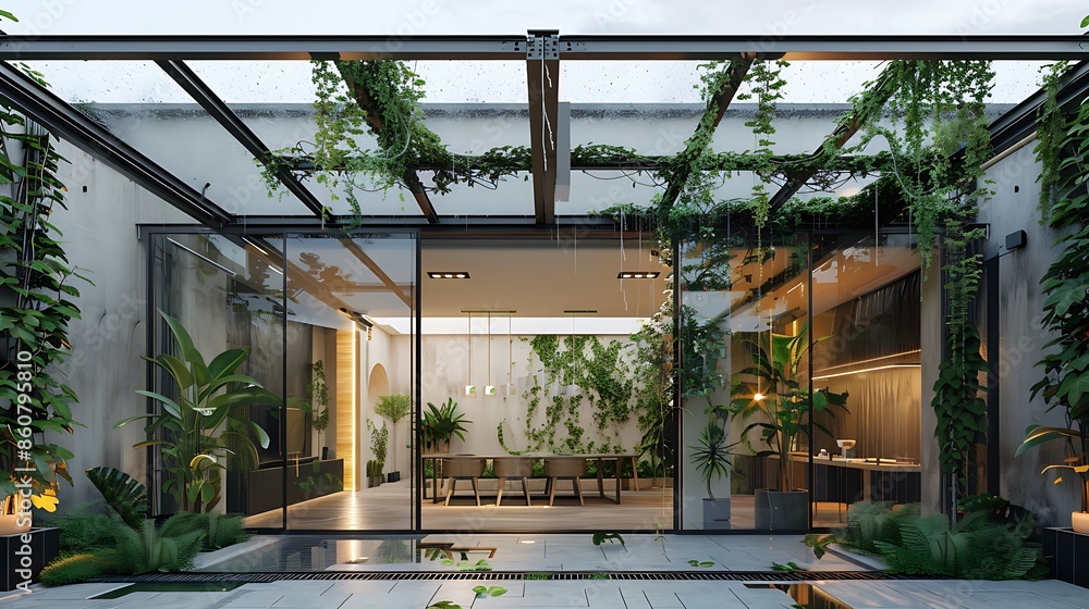 atrium with a sliding glass roof that opens to the sky, surrounded by ...