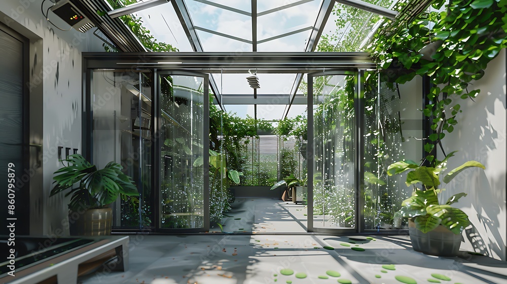 Atrium With A Sliding Glass Roof That Opens To The Sky Surrounded By