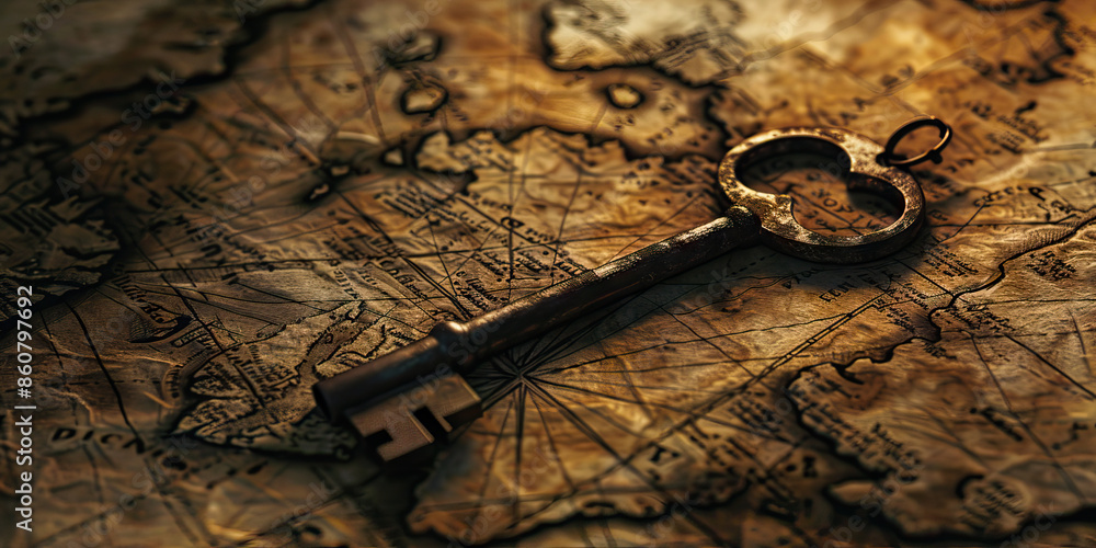 Close-up of a mysterious key lying on an ancient, dusty map, its ...