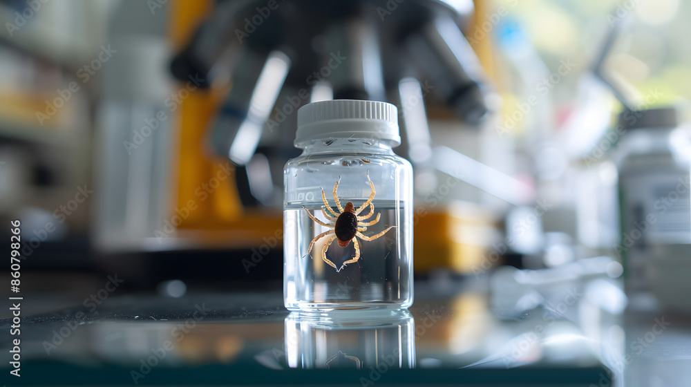 A close up shot of a tick preserved in a small jar with a lid, set in a ...
