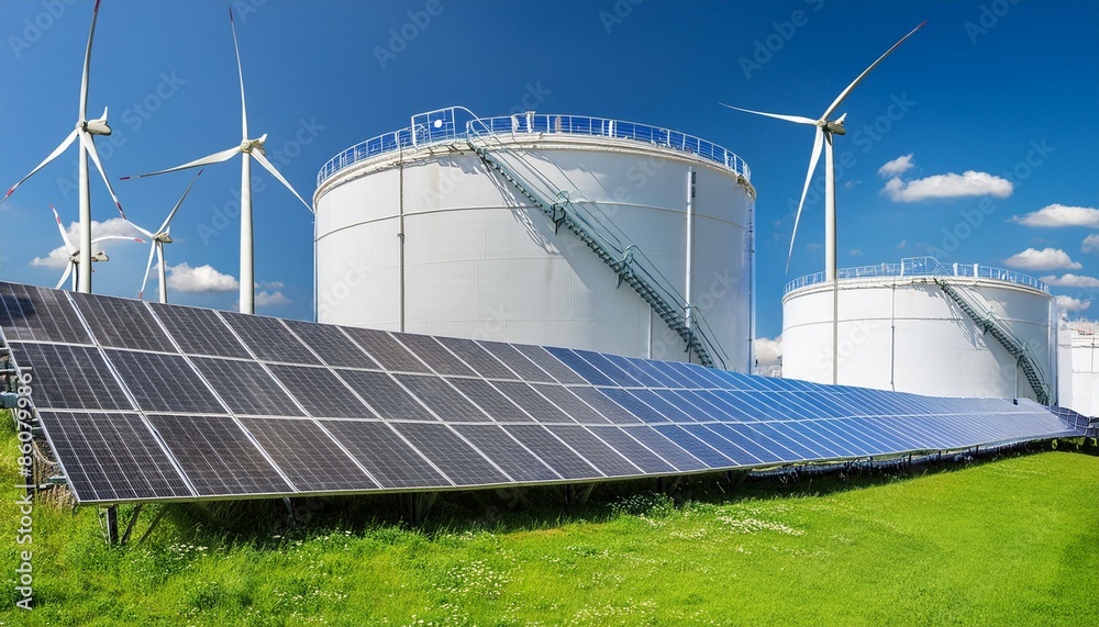 Highres photo of H2 white gas tanks clipped to solar panels and wind ...