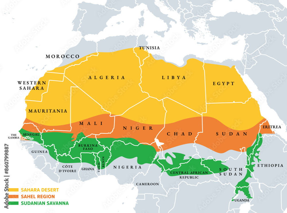 Sahara, Sahel, and Sudanian savanna, political map. Sahara as largest ...