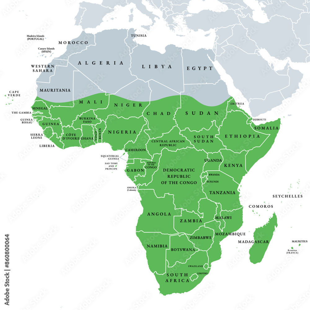 Sub-Saharan Africa, political map. Also known as Subsahara or Non ...