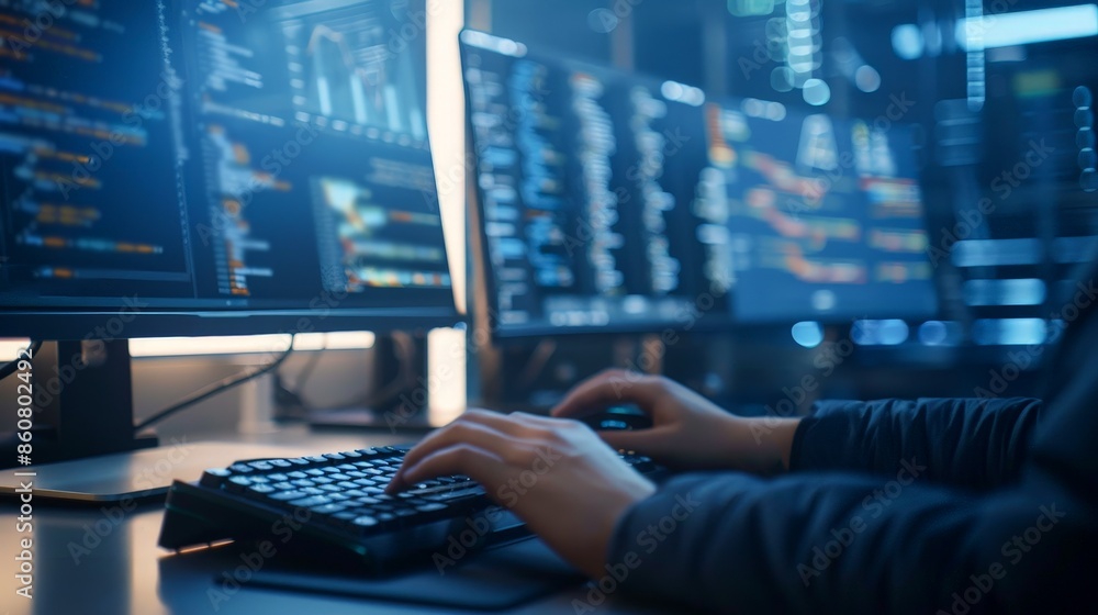 Person typing on a keyboard, with multiple monitors displaying code and ...