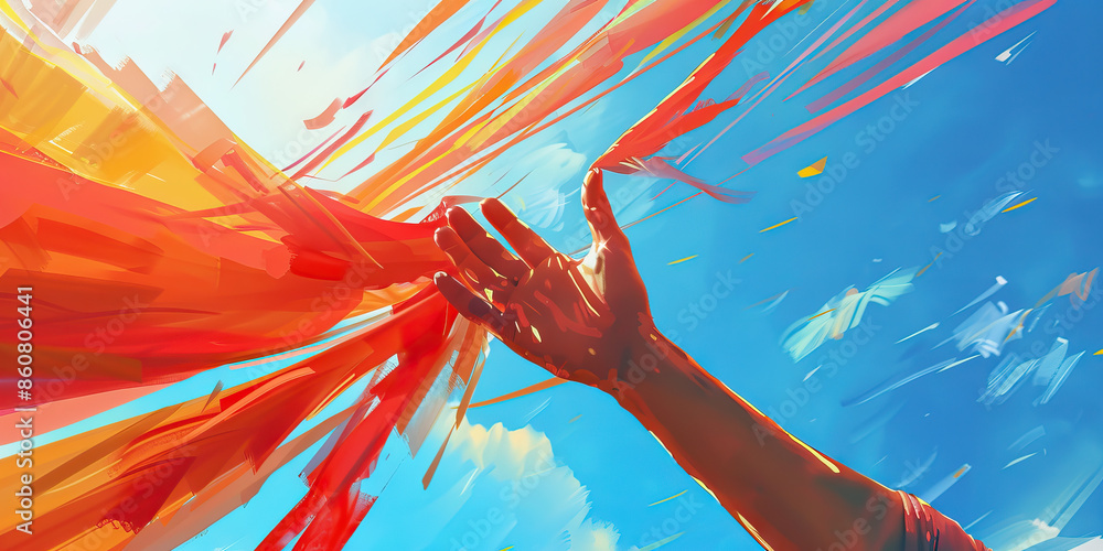 A hand reaches out to grab a fluttering streamer, pulling it close as a ...