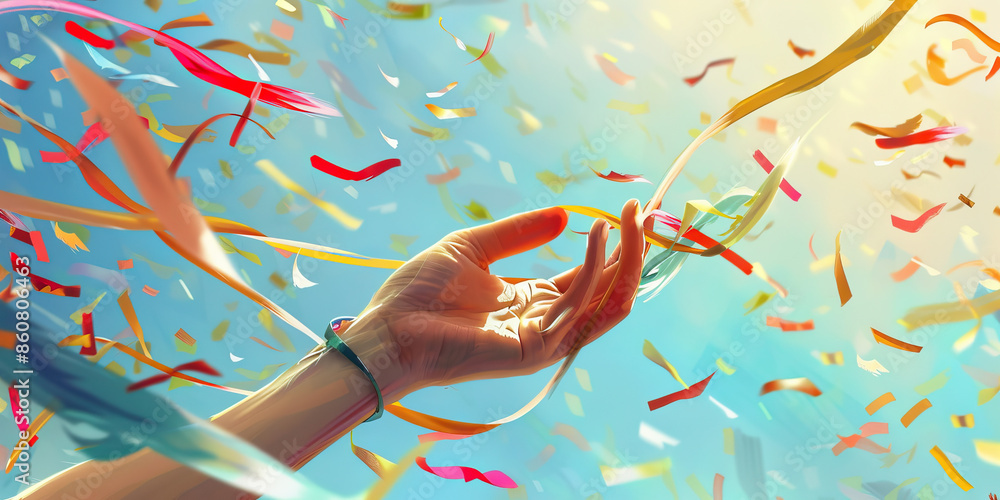 A hand reaches out to grab a fluttering streamer, pulling it close as a ...